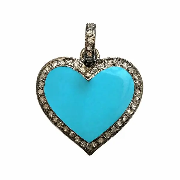 HEATHER HAWKINS Poker Face Enamel Diamond Heart Oxidized Sterling Silver Pendant Charm Turquoise - Blue