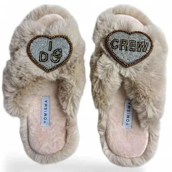 YOMISMA Neutrals Eco Faux Fur Slippers – Recycled Faux Fur + "i Do Crew" Wedding Removable Hand Beaded Brooches - Beige