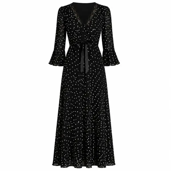 ROSE & NANCY Chloe Polka Dot Lace Trim Tie Waist Maxi Dress - Black