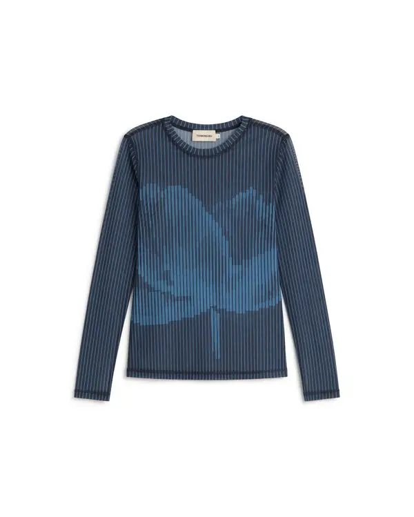 THINKING MU Tere's Sheer Navy Lotus Top