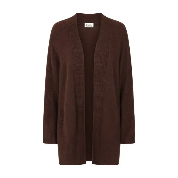 LOOP CASHMERE Ribbed Detail Edge To Edge Cardigan In Americano - Brown