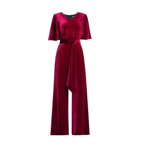 RUMOUR LONDON Layla Velvet Jumpsuit With Bell Sleeves & Sash In Burgundy - Red