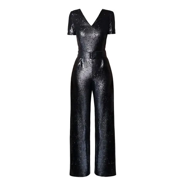 RUMOUR LONDON Naomi Sequin Jumpsuit With V-shaped Back And Belt - Black