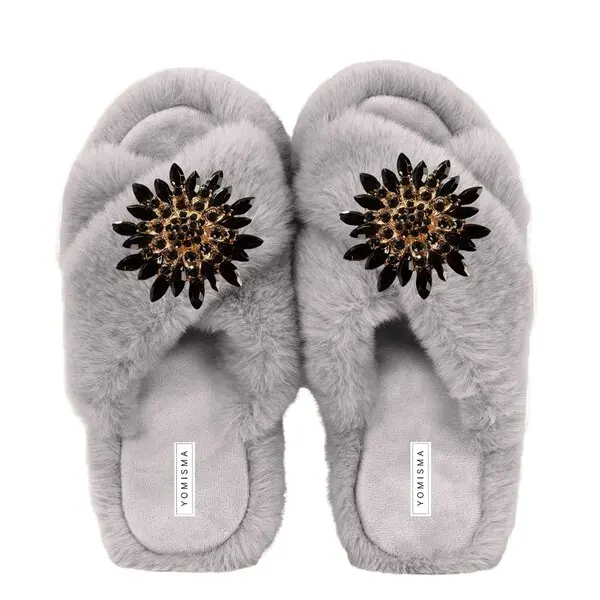 YOMISMA Faux Fur Slippers Global Recycled Standard Certified With Black Embellishts - Grey