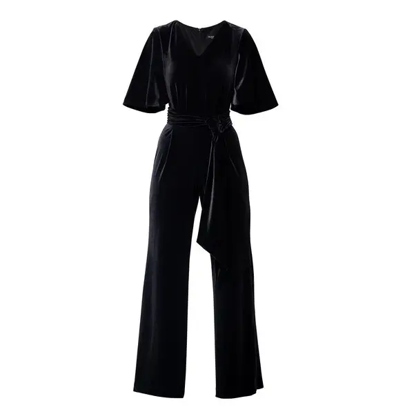 RUMOUR LONDON Layla Velvet Jumpsuit With Bell Sleeves & Sash - Black