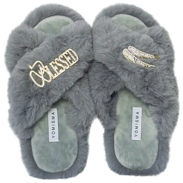 YOMISMA Neutrals / Eco Faux Fur Slippers With "blessed & Angel Wing" Brooches - Grey