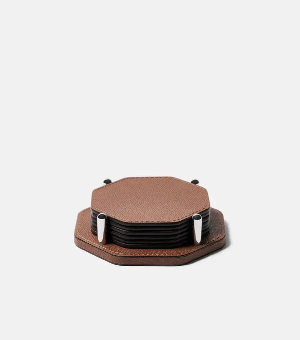 GIOBAGNARA David Leather And Steel Holder And Set Of 6 Coasters - Brown