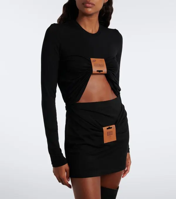 JEAN PAUL GAULTIER Leather-trimmed Cropped Jersey T-shirt
