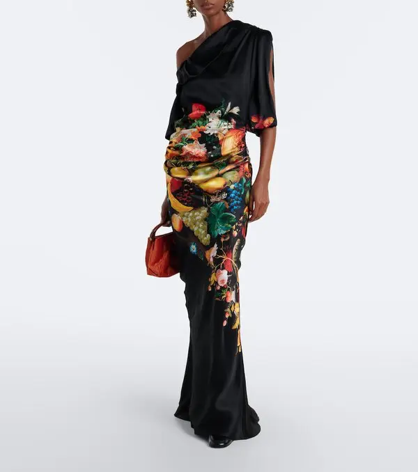 Dries Van Noten Draped Printed Silk Satin Gown