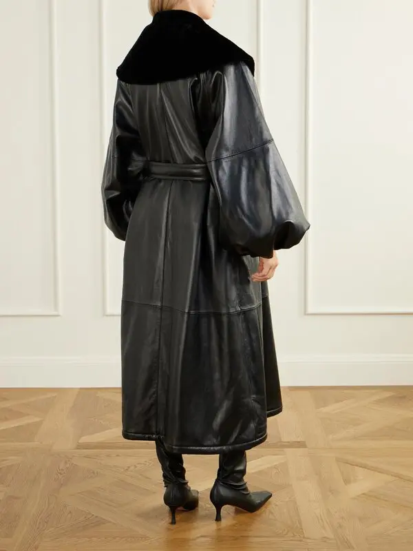 Magda Butrym Belted Plush-trimmed Leather Coat