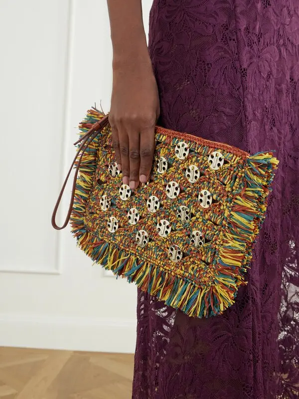Rabanne Leather-trimmed Fringed Woven Raffia Clutch