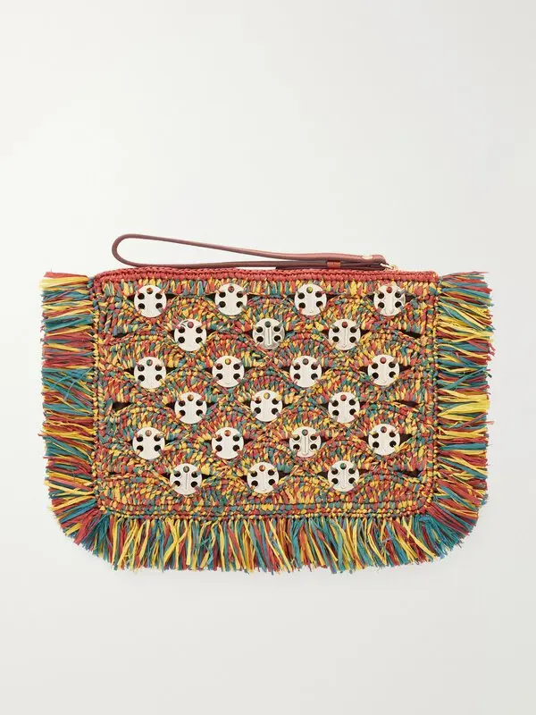 Rabanne Leather-trimmed Fringed Woven Raffia Clutch
