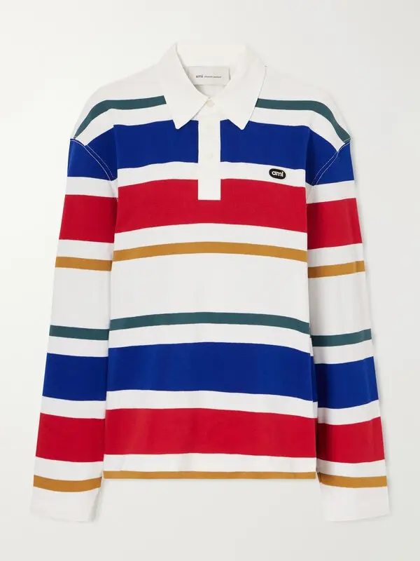 AMI Paris Logo-appliquéd Striped Cotton-jersey Polo Shirt - Multi