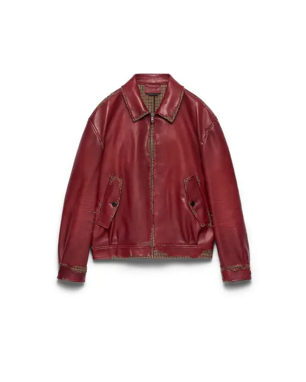 Prada Bonded Nappa Leather And Houndstooth Check Fabric Jacket - Ruby Red