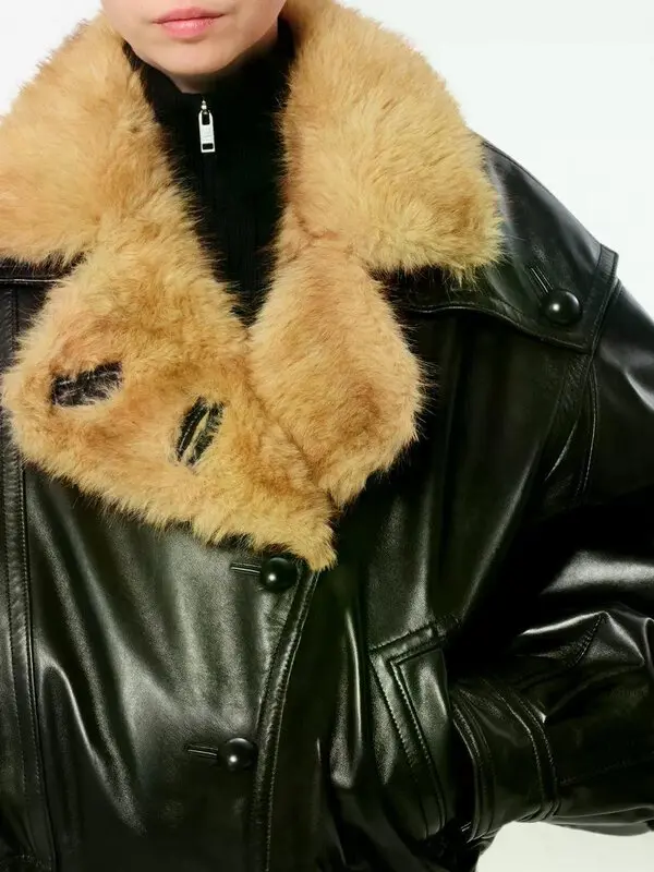 Isabel Marant Étoile Valina Glossy Leather Jacket, Shearling Collar