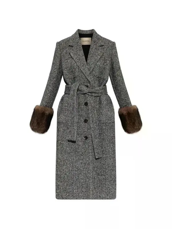 Valentino Garavani Herringbone-pattern Faux-fur-trim Coat - Grey