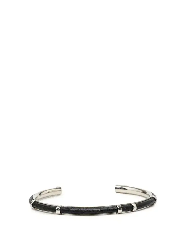 Dior 20th Century Brass And Leather Open Cuff Bangle Costume Bracelet - Silver