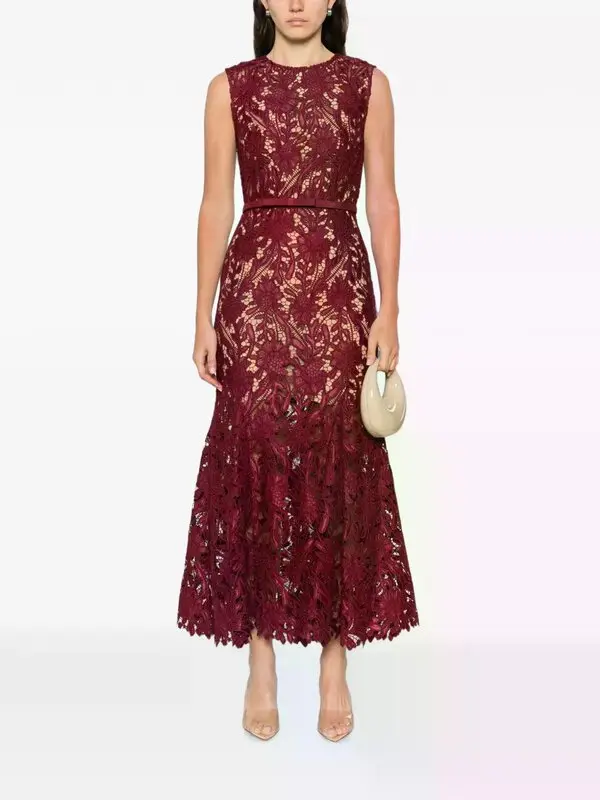 SELF-PORTRAIT Lace Belted Maxi Dress - Red