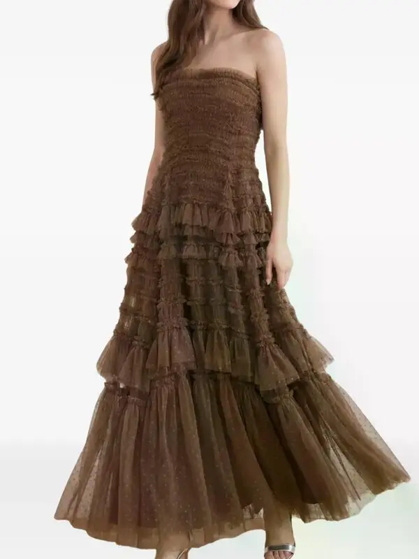 NEEDLE & THREAD Valentine Ruffle Strapless Maxi Dress - Brown