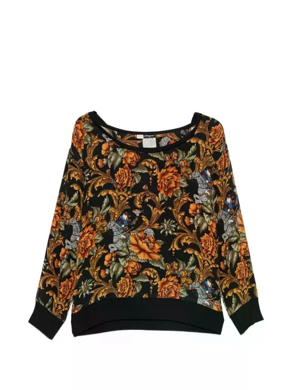 FERRAGAMO 1980s Floral-print Silk Sweater