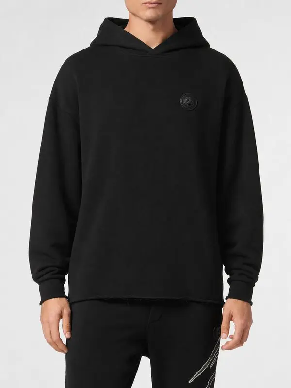 PLEIN SPORT Raw-edge Cotton Hoodie - Black