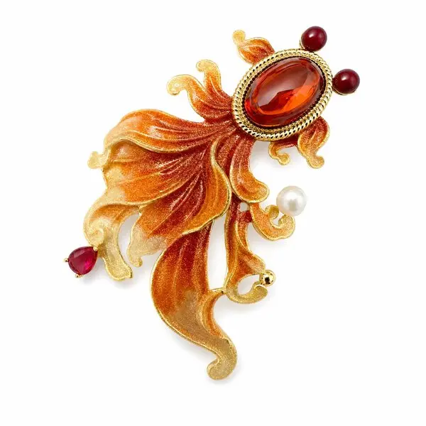ANGEL BAROCCO Enamel Goldfish Brooch With Crystal & Pearl - Red