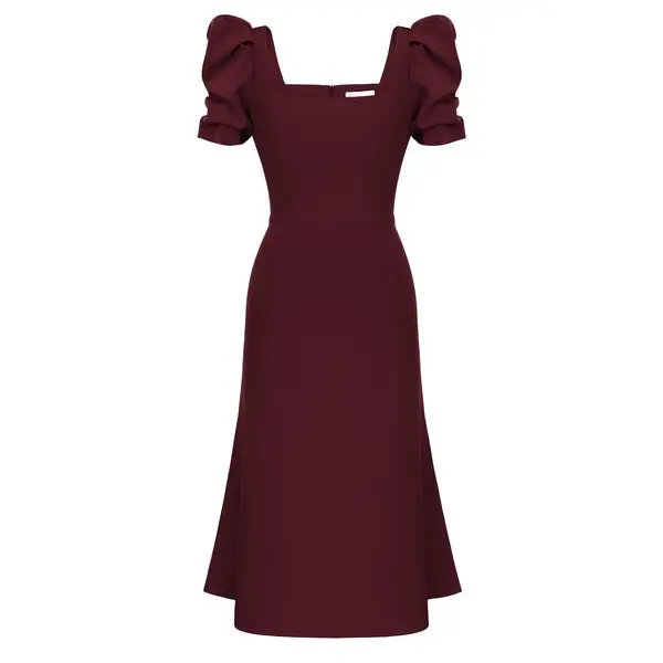 POST MERIDIEM Vinous Godet Silhouette Square Neck Midi Dress - Brown