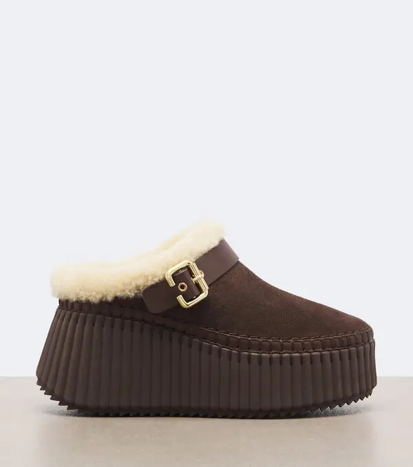 Chloé Nama Shearling-lined Suede Platform Mules