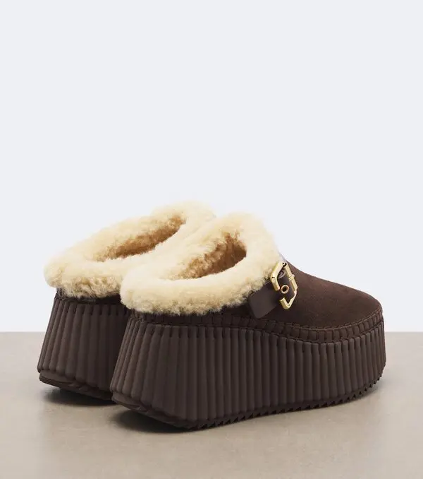 Chloé Nama Shearling-lined Suede Platform Mules