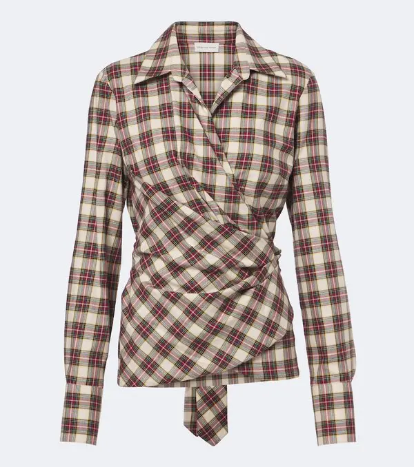 Dries Van Noten Draped Plaid Cotton Flannel Shirt