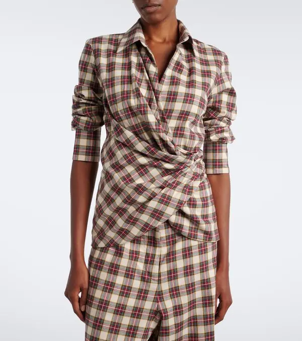 Dries Van Noten Draped Plaid Cotton Flannel Shirt