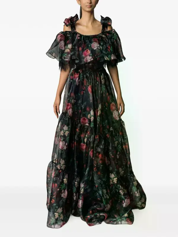 MIAU BY CLARA ROTESCU Floral-print Ruffled Maxi Dress - Black
