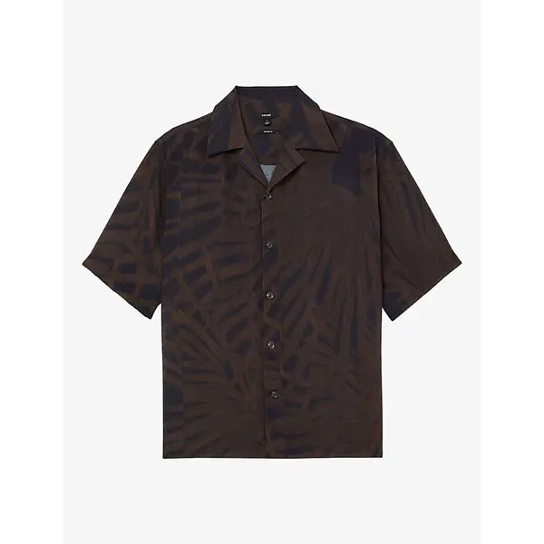REISS Shindora Plissé Printed Cuban-collar Woven Shirt - Navy Brown