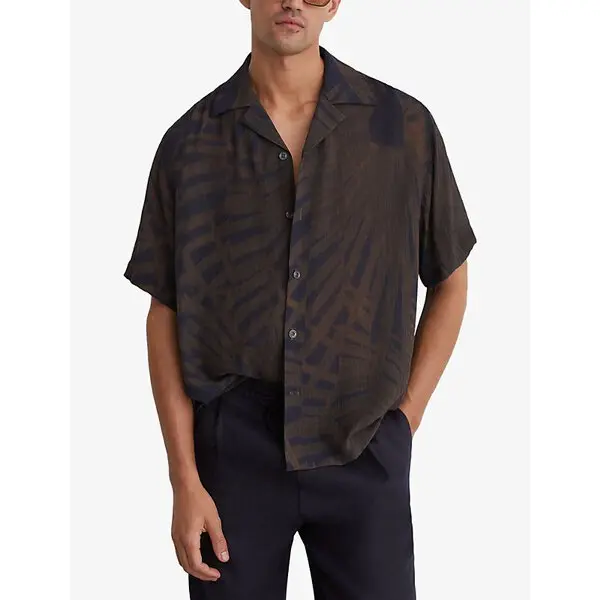 REISS Shindora Plissé Printed Cuban-collar Woven Shirt - Navy Brown