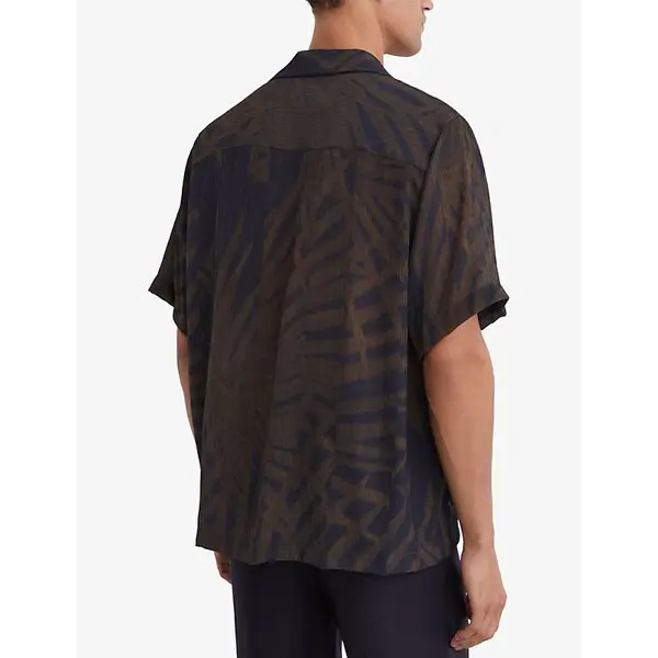 REISS Shindora Plissé Printed Cuban-collar Woven Shirt - Navy Brown