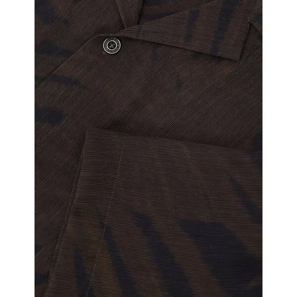 REISS Shindora Plissé Printed Cuban-collar Woven Shirt - Navy Brown