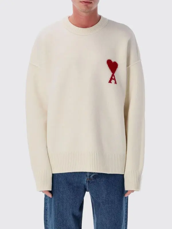 AMI Paris Crew-neck Wool Sweater With Contrast Logo - Beige