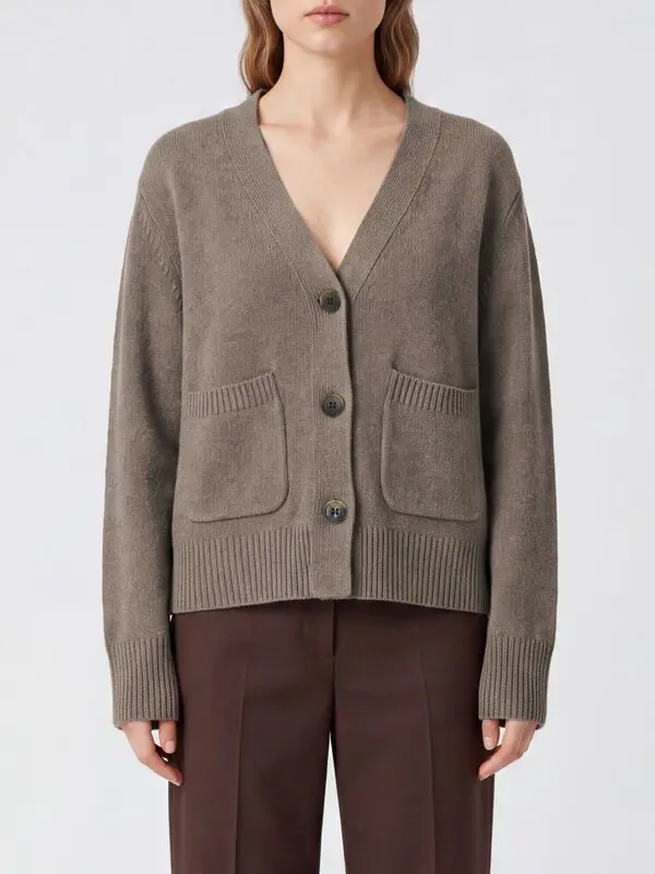 LISA YANG 100% Cashmere V-neck Cardigan With Ribbed Trims - Cocoa