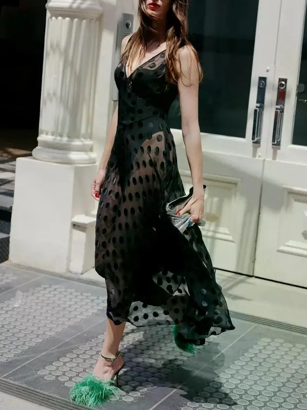 FLEUR DU MAL Polka-dot Sheer Midi Dress