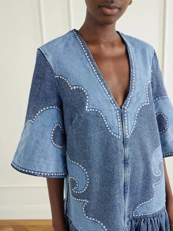 ALEMAIS Jesse Ruffled Embroidered Denim Mini Dress