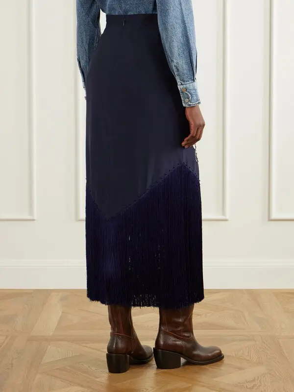 ALEMAIS Dillon Crystal And Bead-embellished Fringed Appliquéd Satin Midi Skirt