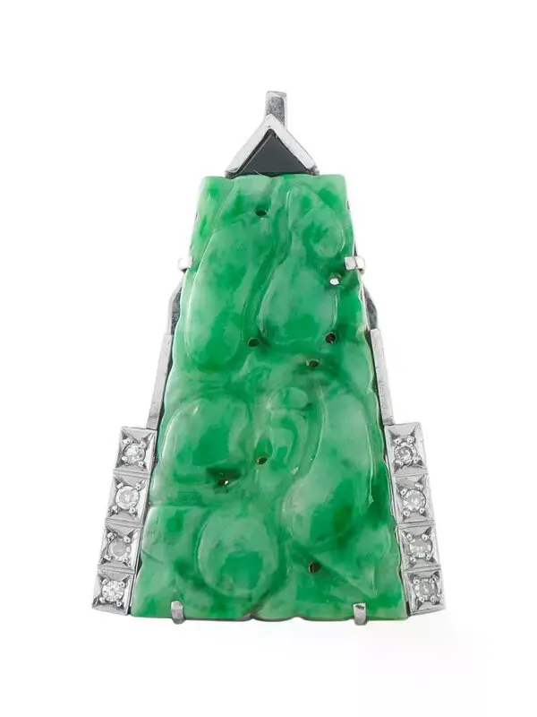 LB EXCLUSIVE Art Deco Jade And Diamond Brooch - Silver