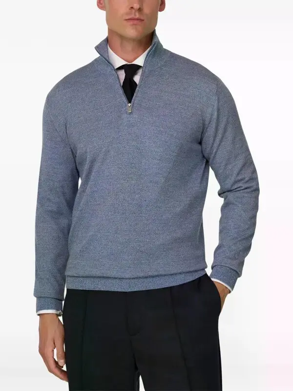 Boggi Milano Roll Neck Jumper Quarter-zip Merino Wool Cashwool® Moulin - Blue