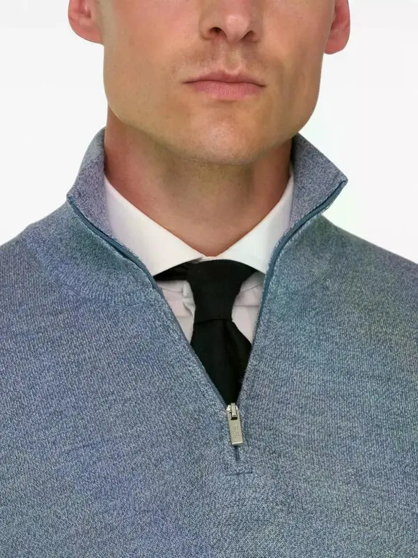 Boggi Milano Roll Neck Jumper Quarter-zip Merino Wool Cashwool® Moulin - Blue