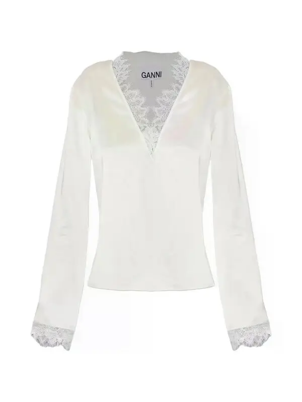 GANNI Lace-trim Satin Blouse - Neutrals