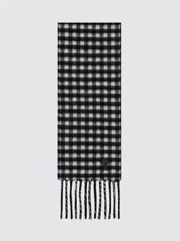AMI Paris Check Merino Wool Scarf With Logo And Fringes - Black