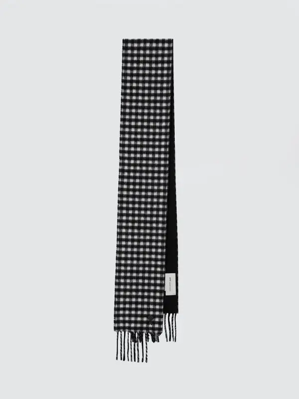 AMI Paris Check Merino Wool Scarf With Logo And Fringes - Black