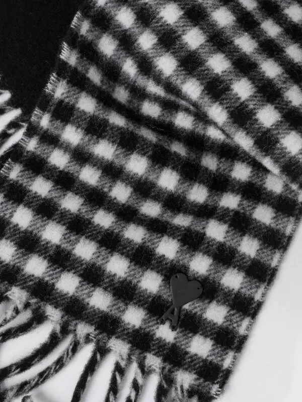 AMI Paris Check Merino Wool Scarf With Logo And Fringes - Black