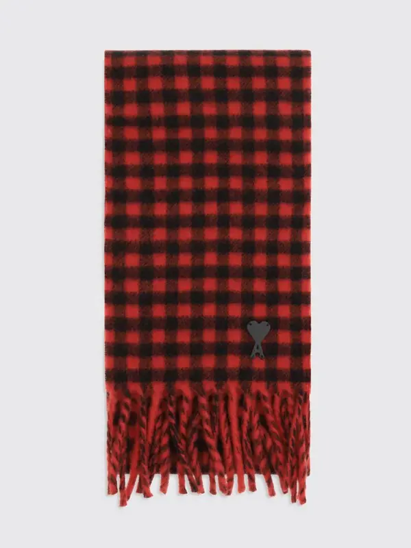 AMI Paris Check Merino Wool Scarf With Logo And Fringes