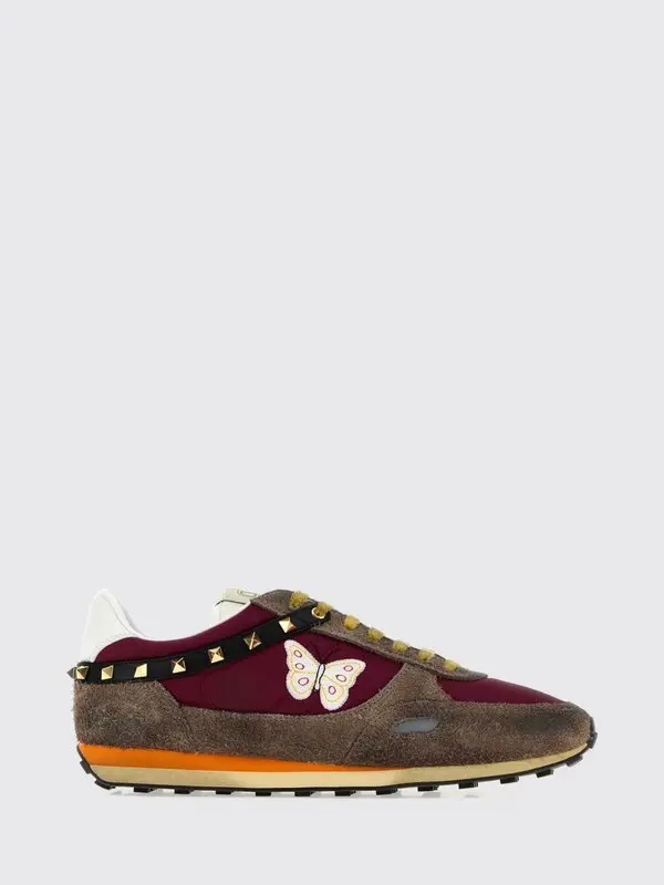 Valentino Garavani Stud Up Suede And Nylon Sneakers With Butterfly Embroidery - Sand